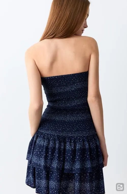 Mango Printed Smocked Strapless Tiered Minidress