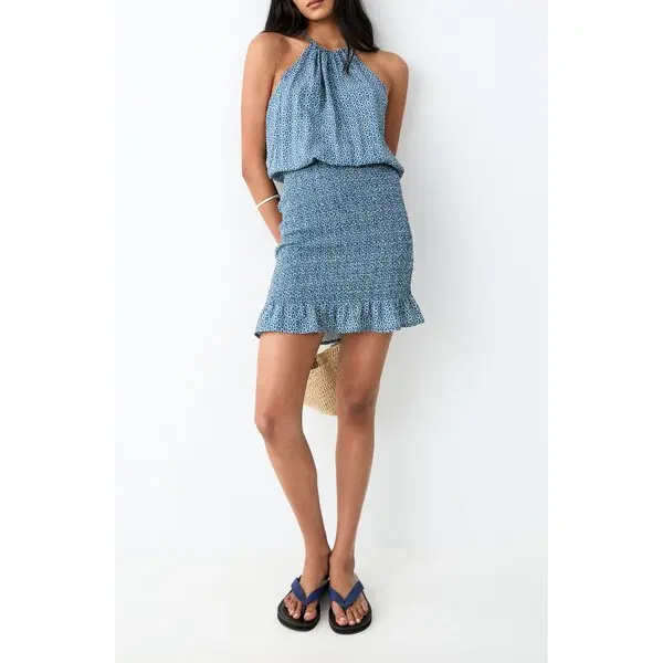 Mango Print Smocked Halter Neck Minidress - Blue