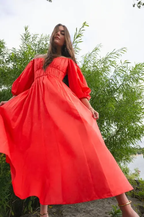 VASILIKI Farah Off-shoulder Puff Sleeve Cotton Midi Dress
