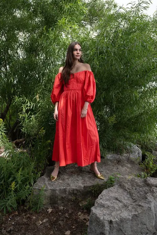 VASILIKI Farah Off-shoulder Puff Sleeve Cotton Midi Dress