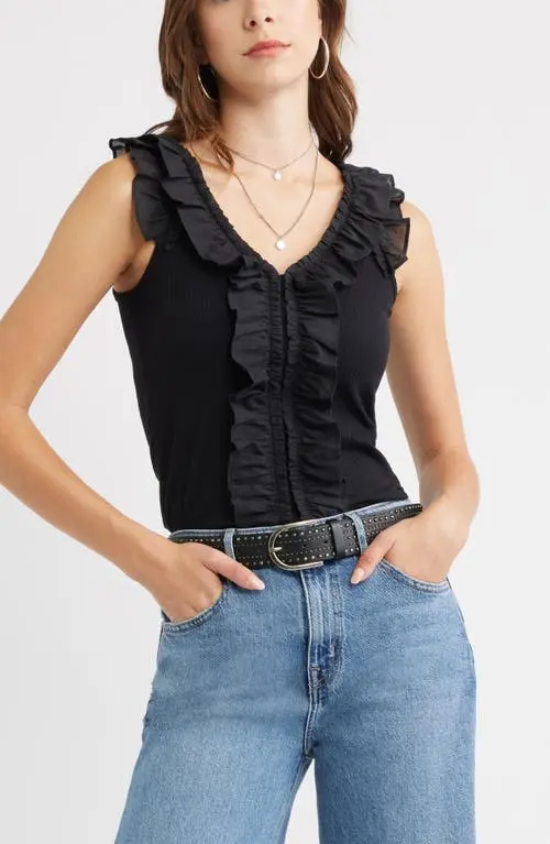 Treasure & Bond Ruffle Trim Cotton Blend Tank - Black