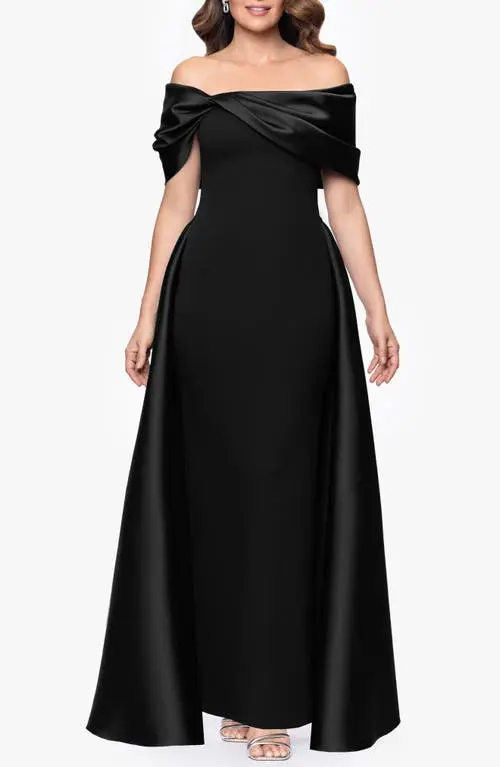 Betsy & Adam Off The Shoulder Cape Detail Gown - Black