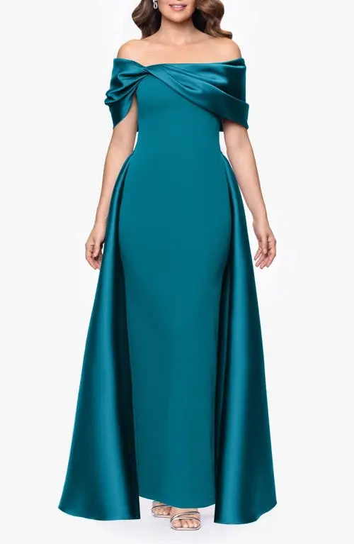 Betsy & Adam Off-the-shoulder Gown With Cape Detail - Teal
