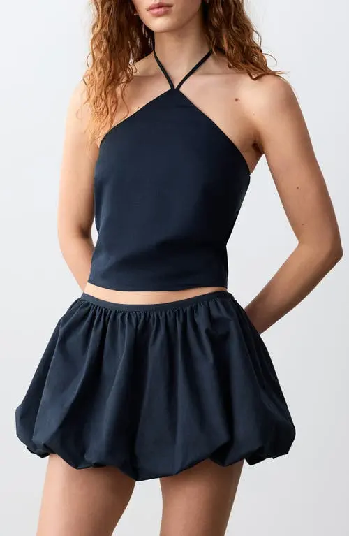 Mango Tie Neck Crop Halter Top - Navy
