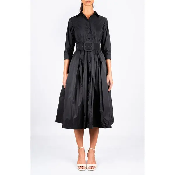Samantha Sung Silk Pleated Midi Shirtdress - Black
