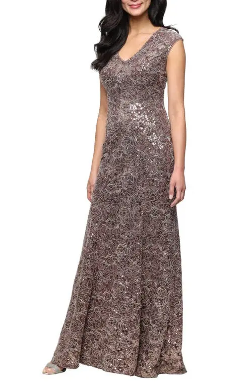 Alex Evenings Sequin Corded Lace Trumpet Gown - Mocha