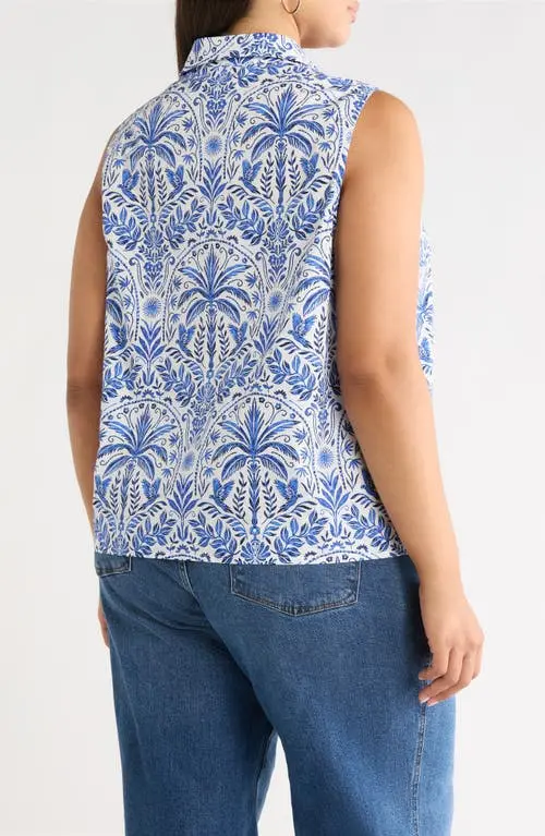 SUGARLIPS Romina Sleeveless Top With Tropical Print And Classic Collar