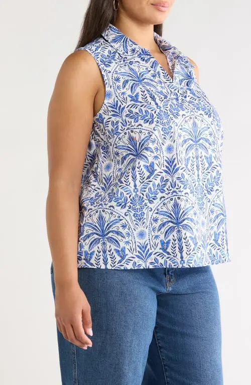 SUGARLIPS Romina Sleeveless Top With Tropical Print And Classic Collar