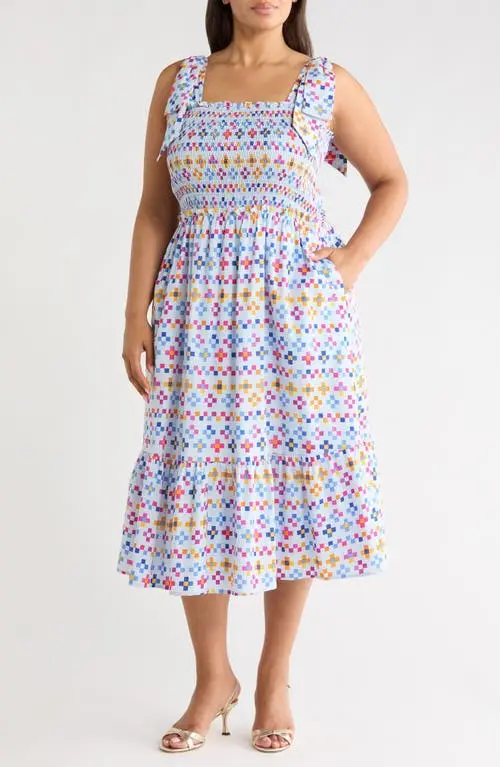 SUGARLIPS Kessa Geo Print Smocked Sleeveless Midi Dress - Light-blue-multi