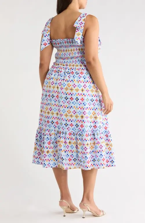 SUGARLIPS Geometric Print Smocked Midi Dress