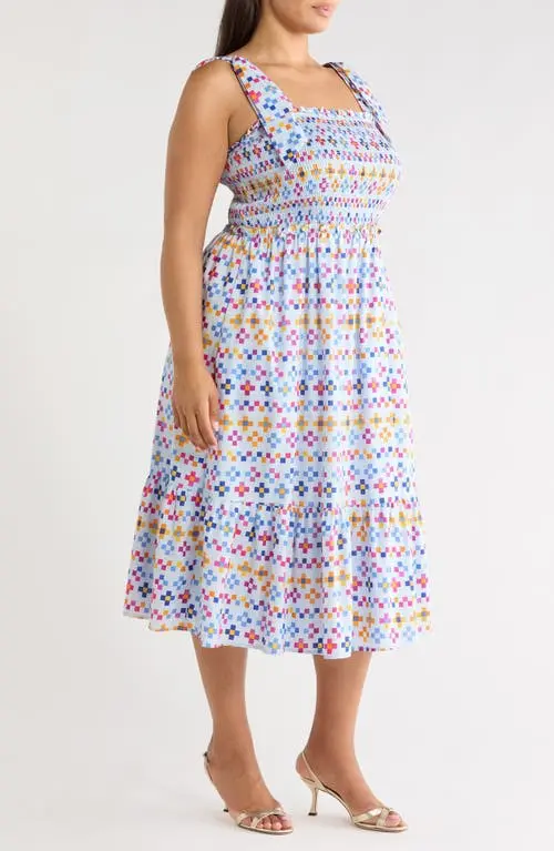 SUGARLIPS Geometric Print Smocked Midi Dress