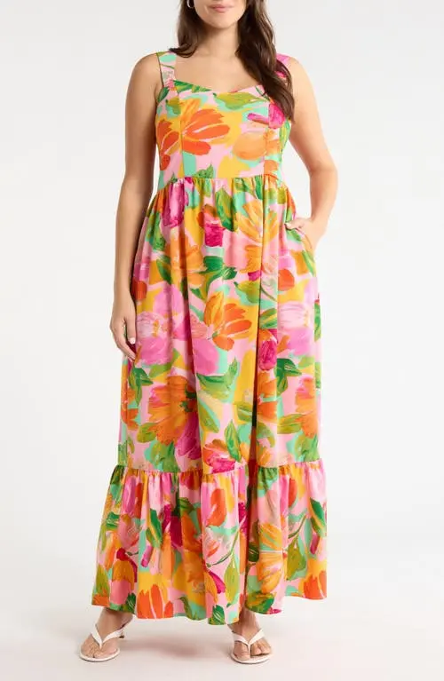 SUGARLIPS Jovana Floral Smocked Tie Shoulder Maxi Dress - Pink/multi