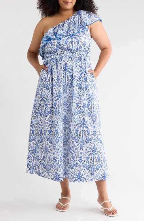 SUGARLIPS Romina One-shoulder Tropical Print Midi Dress - Blue-white-multi