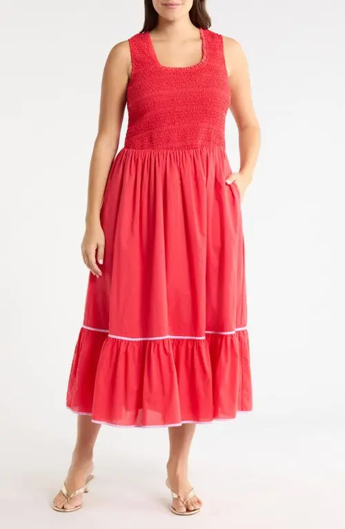 SUGARLIPS Jessy Smocked Sleeveless Midi Dress - Red