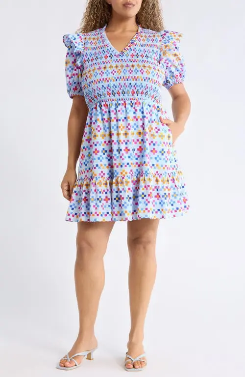 SUGARLIPS Kessa Geo Leones Smocked Minidress - Lt-blue-mult
