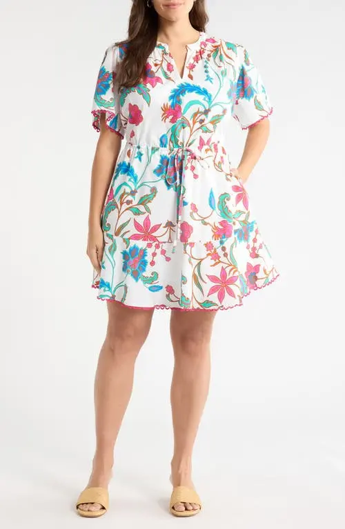 SUGARLIPS Izzie Floral Print Minidress - White-fuchsia
