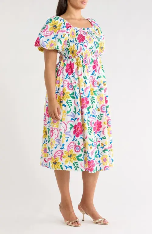 SUGARLIPS Floral Print Smocked Midi Dress