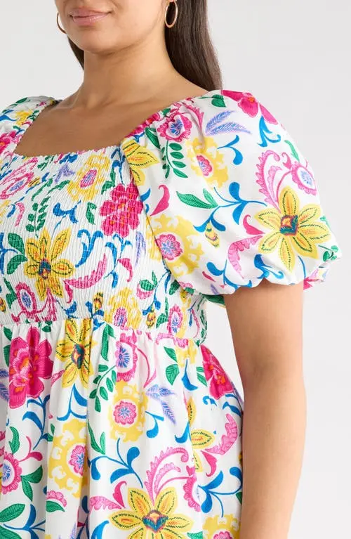 SUGARLIPS Floral Print Smocked Midi Dress