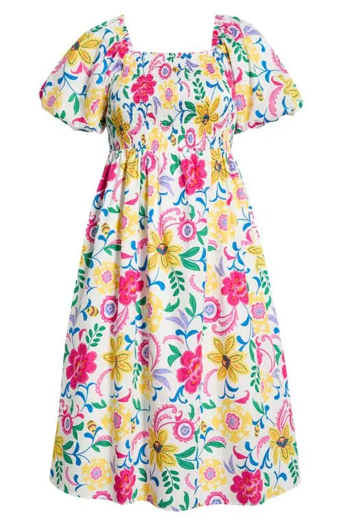 SUGARLIPS Floral Print Smocked Midi Dress