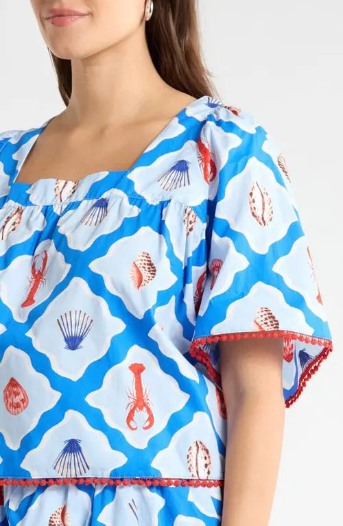 SUGARLIPS Lobster And Seashell Print Bell Sleeve Top With Pom-pom Trim