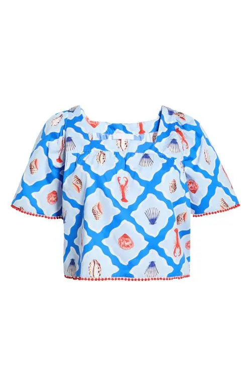 SUGARLIPS Lobster And Seashell Print Bell Sleeve Top With Pom-pom Trim
