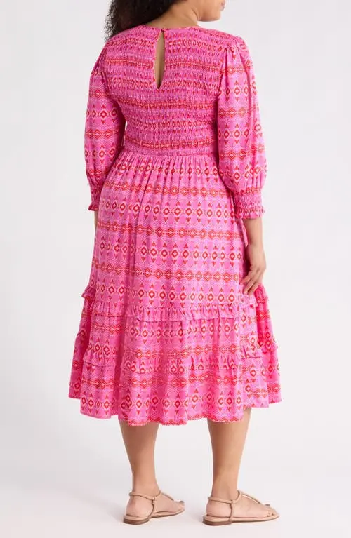 SUGARLIPS Mirany Ikat Print Long Sleeve Tiered Midi Dress