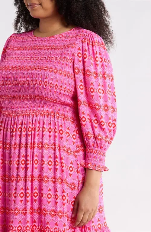 SUGARLIPS Mirany Ikat Print Long Sleeve Tiered Midi Dress