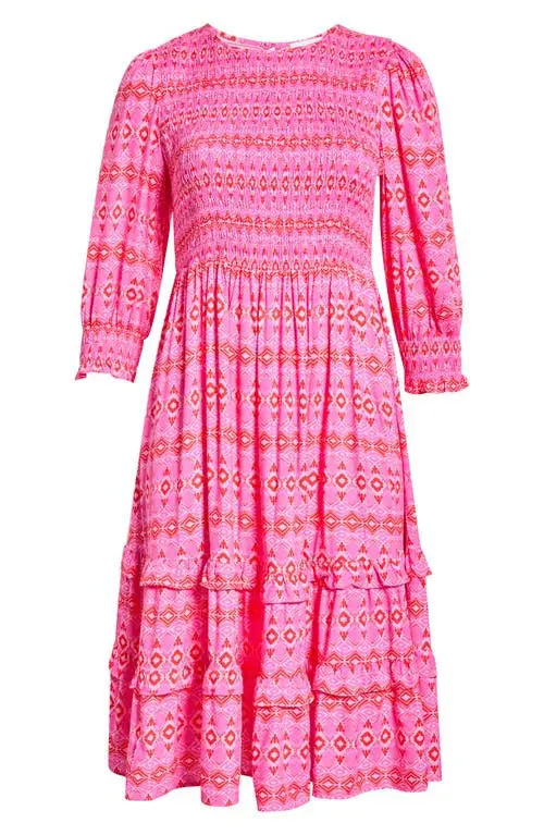 SUGARLIPS Mirany Ikat Print Long Sleeve Tiered Midi Dress