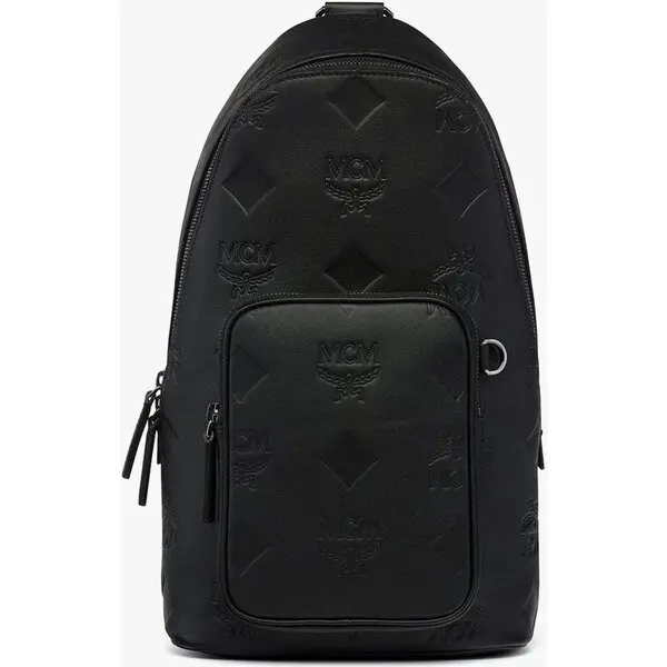 Mcm Aren Sling Bag In Embossed Monogram Leather - Black
