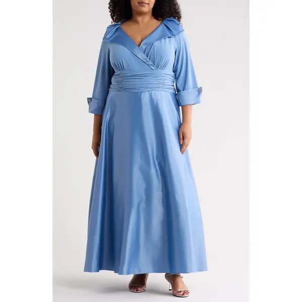 JESSICA HOWARD Portrait Collar Mixed Media Gown - Lake