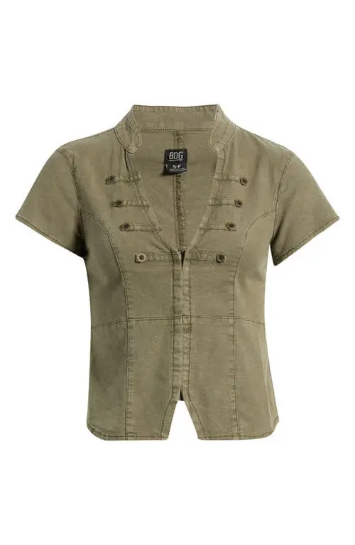 BDG URBAN OUTFITTERS Milo Military Button Trim Linen Blend Crop Top - Khaki