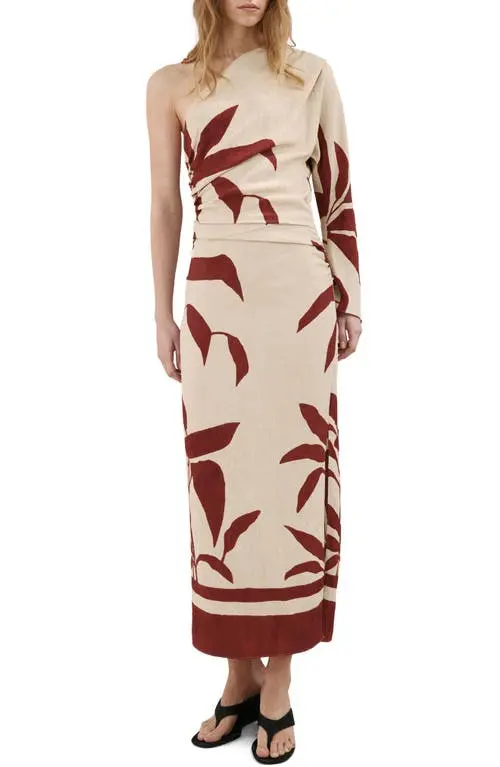 Mango Leaf Print Ruched One Shoulder Midi Dress