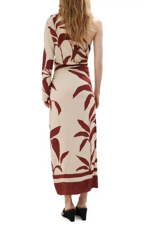 Mango Leaf Print Ruched One Shoulder Midi Dress