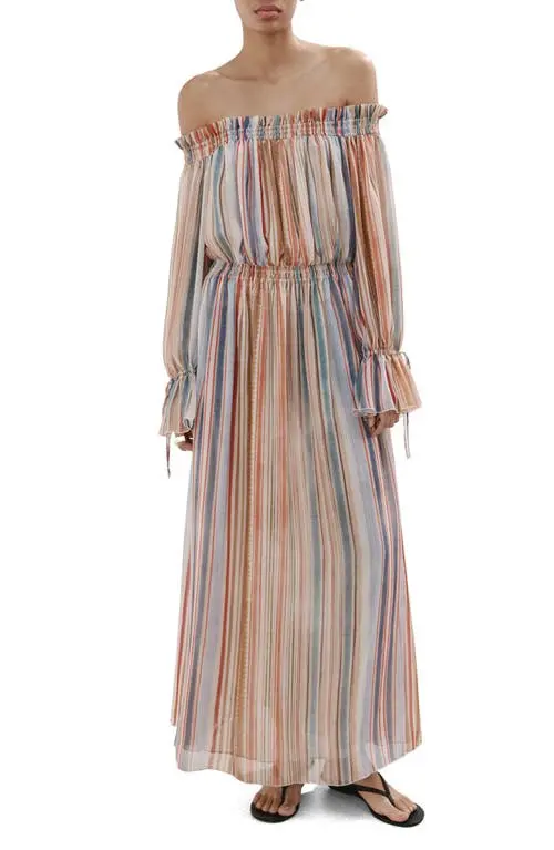 Mango Stripe Long Sleeve Off The Shoulder Maxi Dress - Ecru