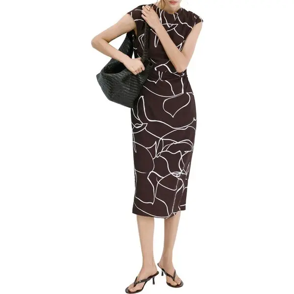 Mango Print Ruched Midi Dress