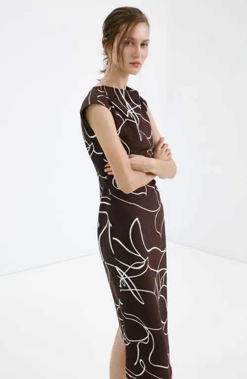 Mango Print Ruched Midi Dress