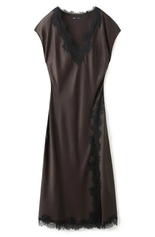 Mango Lace Trim Satin Maxi Dress - Brown