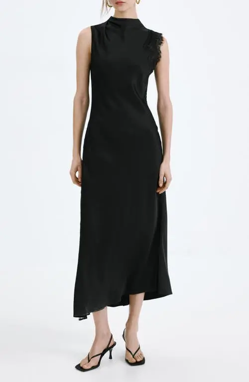 Mango Lace Sleeveless Satin Maxi Dress - Black