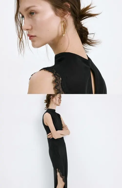 Mango Sleeveless Satin Maxi Dress With Lace Trim