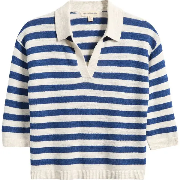 SEASALT CORNWALL Gwynver Stripe Johnny Collar Sweater - Knit Cornish Dark Voyage Chalk