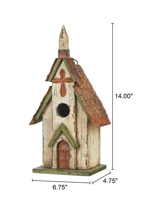 GLITZHOME 14"h Distressed Solid Wood Church Birdhouse