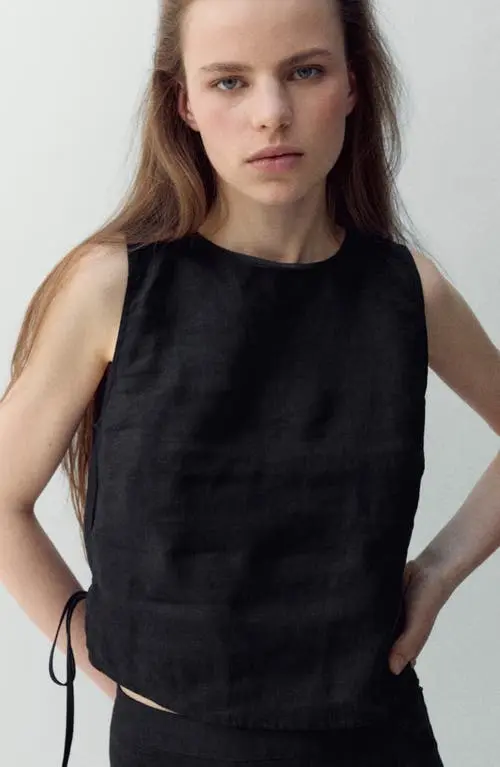 Mango Side Bow Sleeveless Linen Top - Black