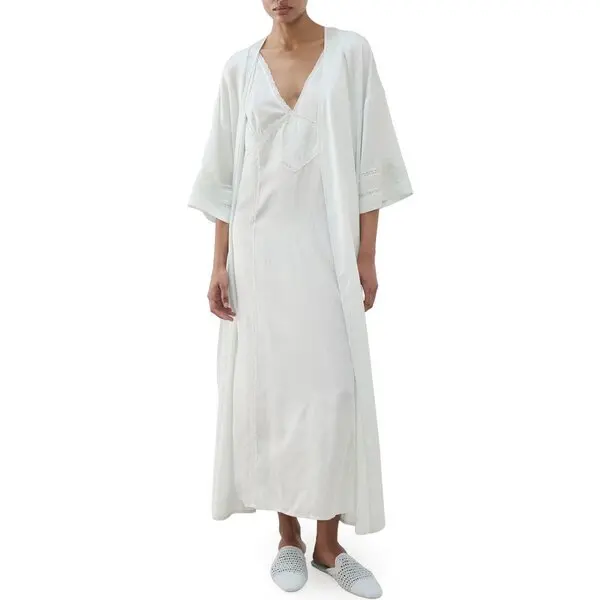 Mango Embroidered Sleeve Satin Robe - Blue