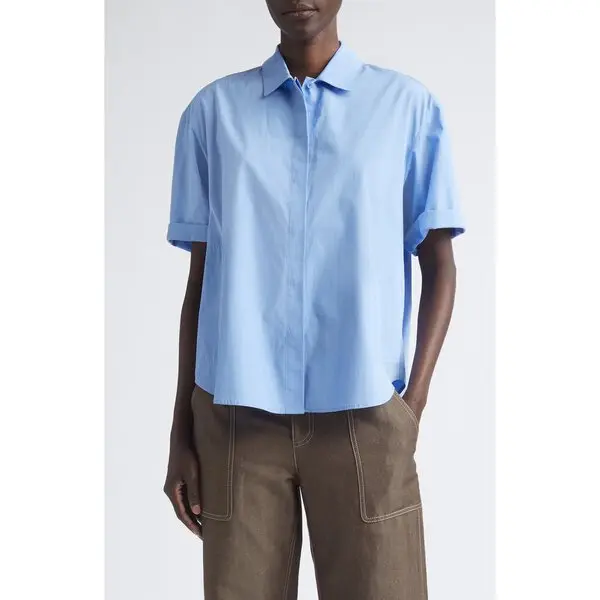 Lafayette 148 New York Organic Cotton Poplin Swing Shirt - Blue Hydrangea