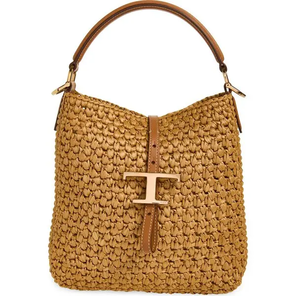 TOD'S T Timeless Crochet Raffia & Leather Bucket Bag - Naturale/kenia