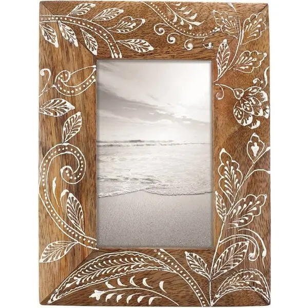 FORESIDE HOME AND GARDEN Natural Wood 4 X 6 Inch Floral Pattern Decorative Wood Picture Frame - Brown