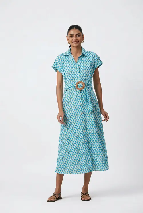 RO'S GARDEN Catherine Printed Midi Dress - Blue Asahi