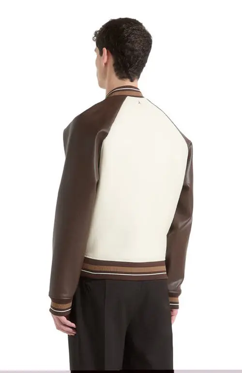 Manière De Voir Contrast Leather Bomber Jacket - Cream