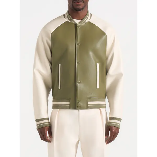 Manière De Voir Contrast Leather Bomber Jacket - Olive/cream