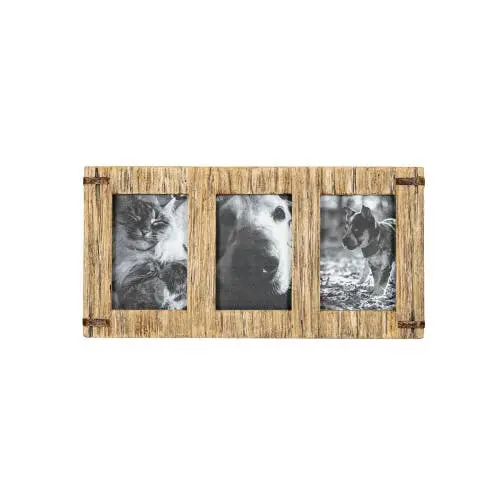 FORESIDE HOME AND GARDEN 3 Photo Driftwood With Rivets Collage Picture Frame Wood Mdf Metal & Glass - Brown